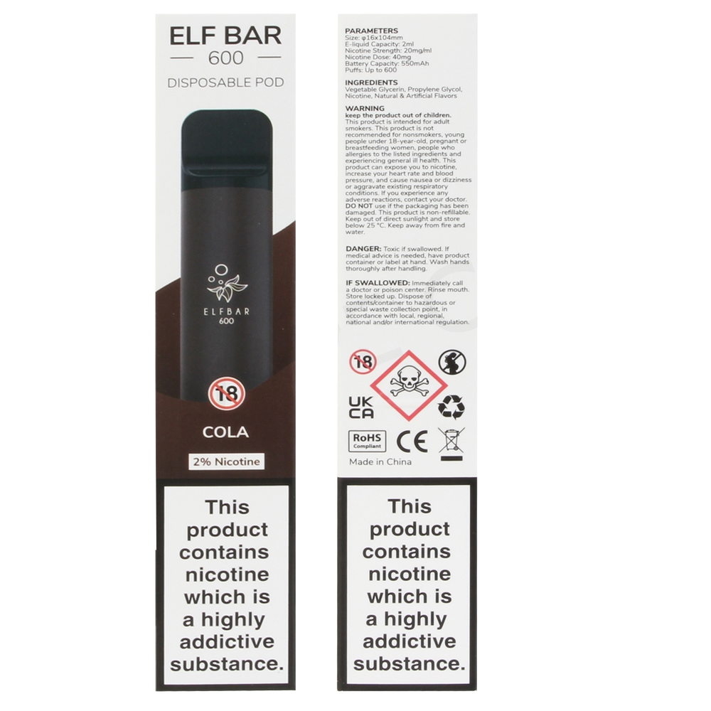 ELF BAR COLA 600 PUFFS DISPOSABLE VAPE PACK OF 10 - Trimex Wholesale UK