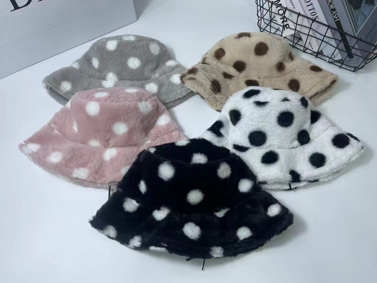 DOT02 FLUFFY FUR BUCKET DOTED PRINT HAT - Trimex Wholesale UK