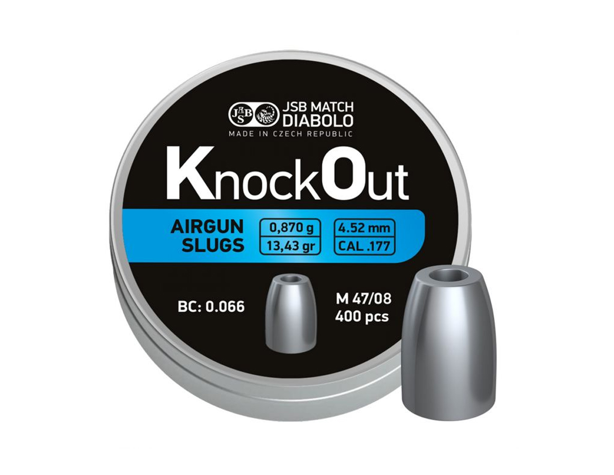JSB KNOCK OUT AIRGUN SLUG HP PELLET .177 CALIBRE 4.52MM 13.43 GRAIN 0.870G TIN OF 400 - Trimex ...
