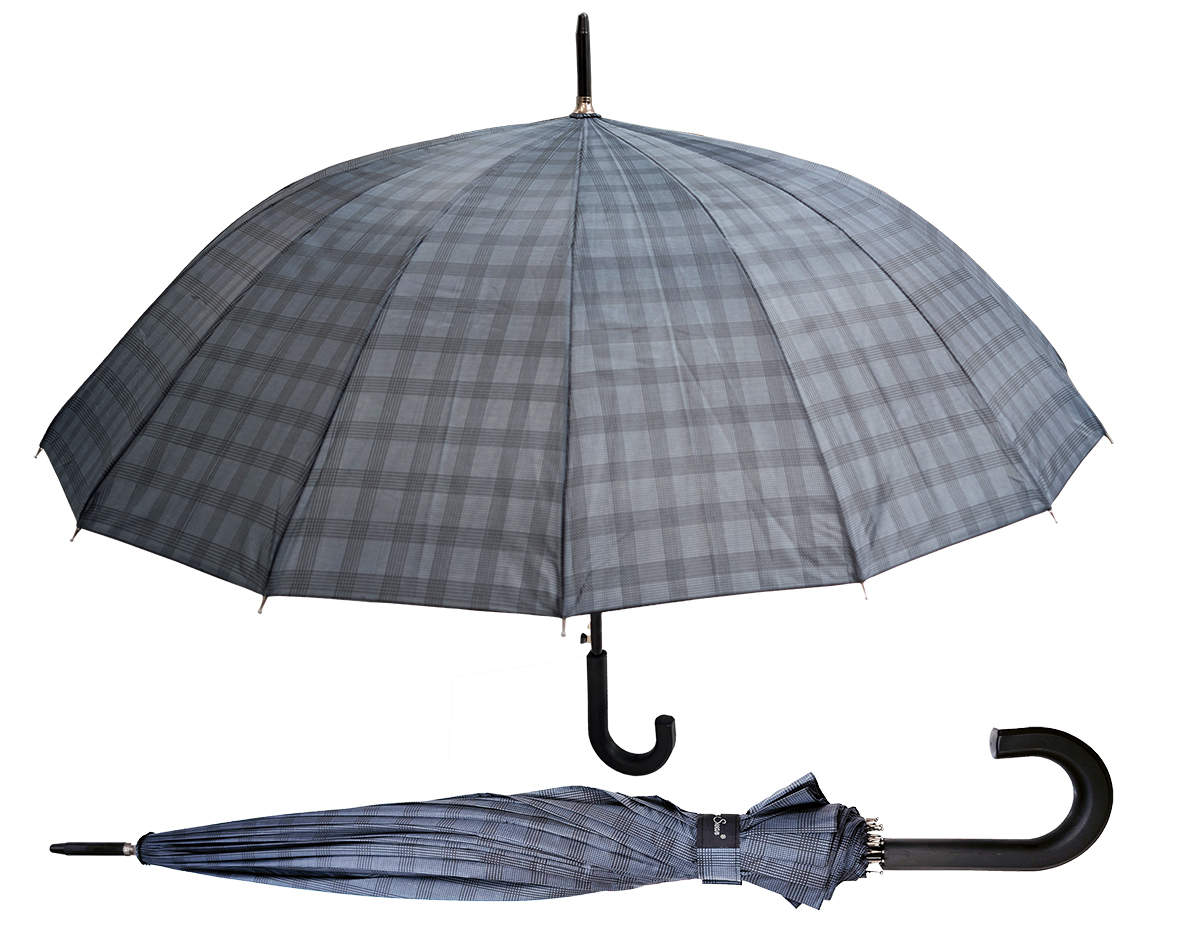2610G Grey Check Umbrella With J-Shaped Handle - Trimex Wholesale UK