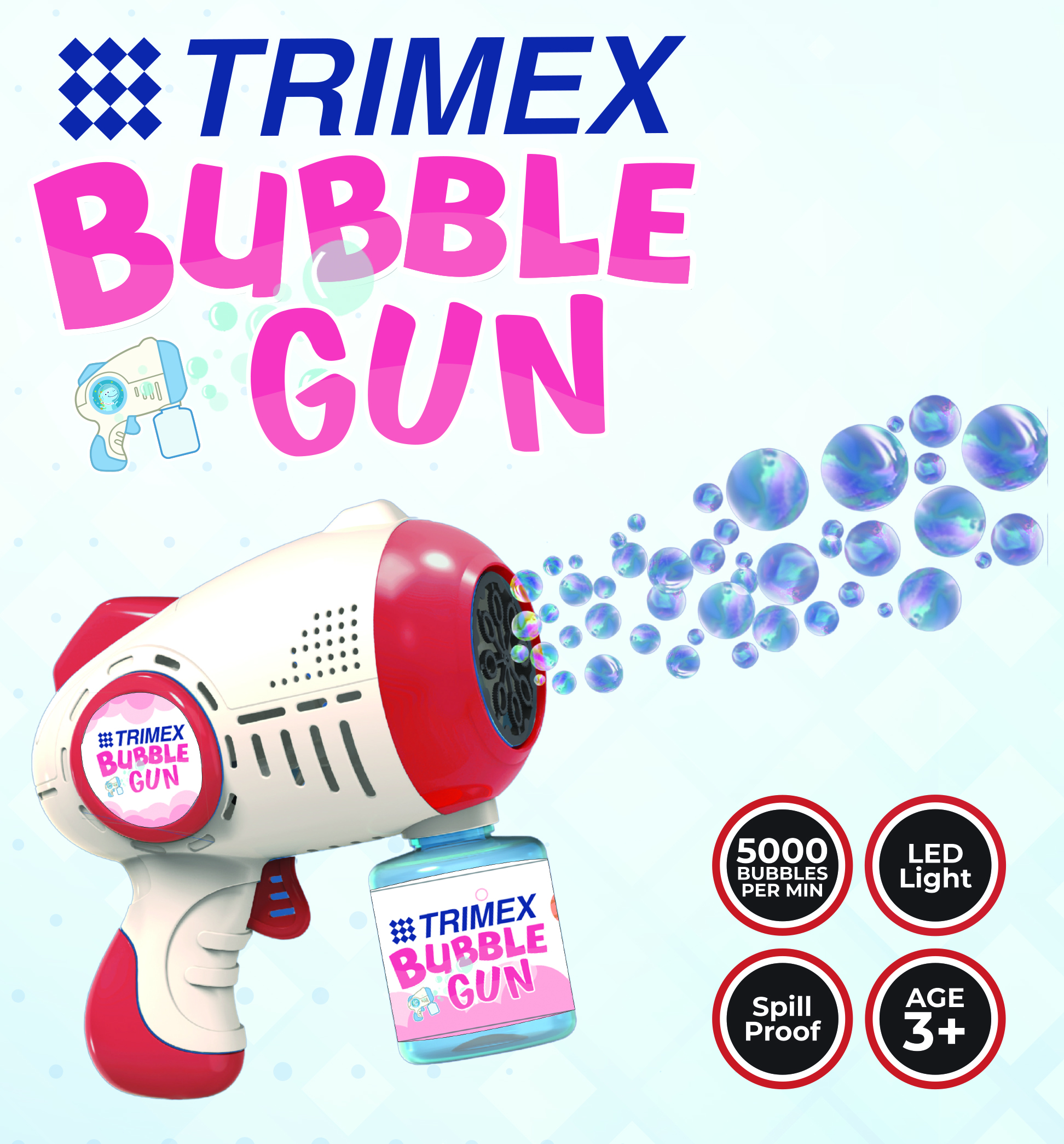 TX-BU-026 Trimex Battery Operated Bubble Gun with LED Light – Red & Blue - Trimex Wholesale UK